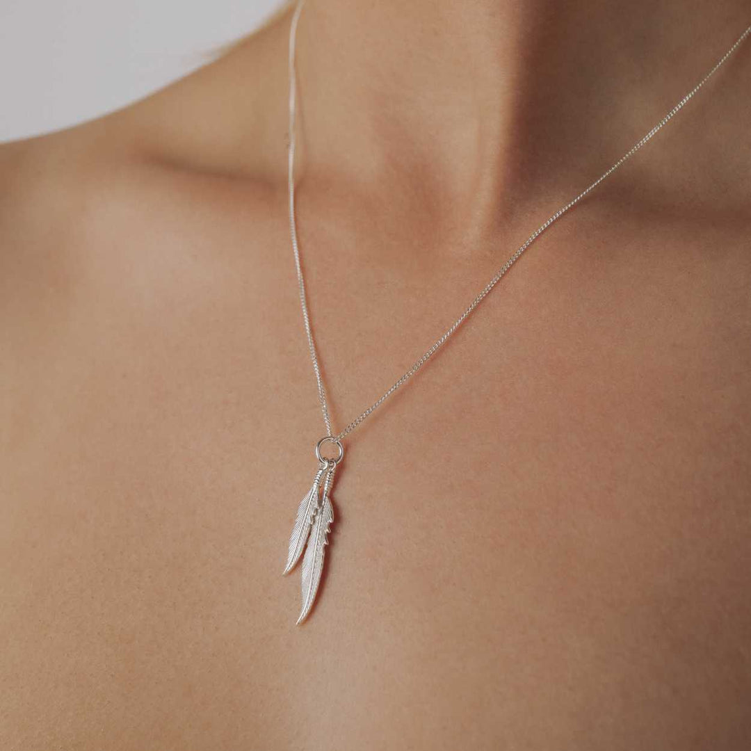 Silver Double Feather Necklace - Dual Plume Pendant | FIYAH